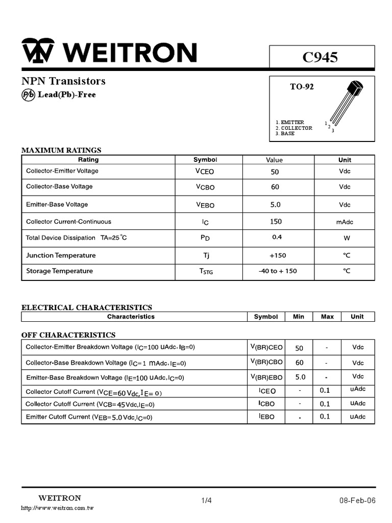 C945 NPN Transistor Datasheet | PDF | Bipolar Junction Transistor ...