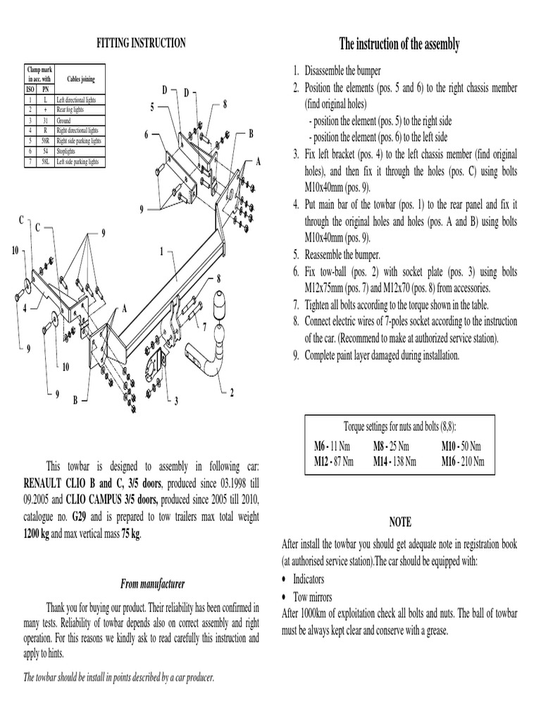 Renault Clio Towbar Installation Guide | PDF | Trailer (Vehicle ...