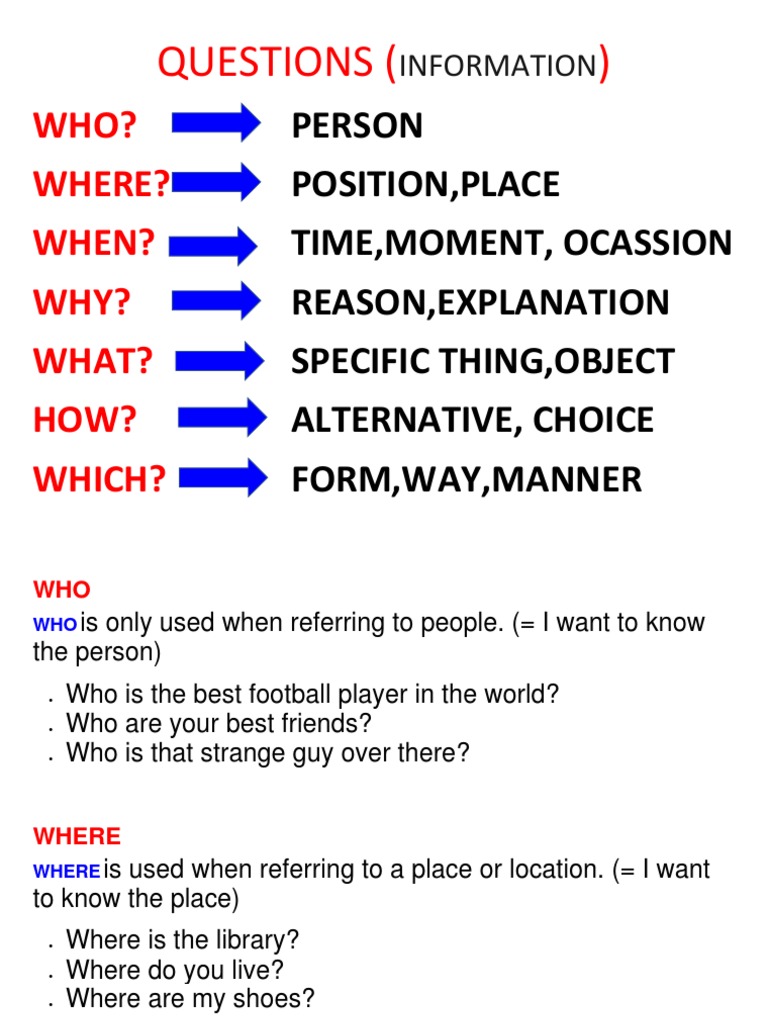 Questions : Who? Where? When? Why? What? How? Which? | PDF