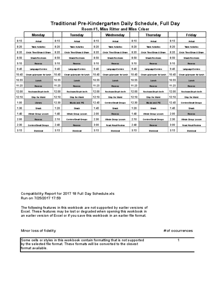 Traditional Pre-Kindergarten Daily Schedule, Full Day: Room #1, Miss ...