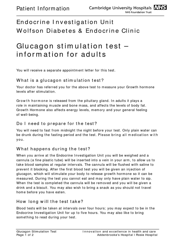Glucagon Stimulation Test For Adults v1 Nhs Uk | PDF | Growth Hormone ... Glucagon Stimulation Test For Adults v1 Nhs Uk | PDF | Growth Hormone ...