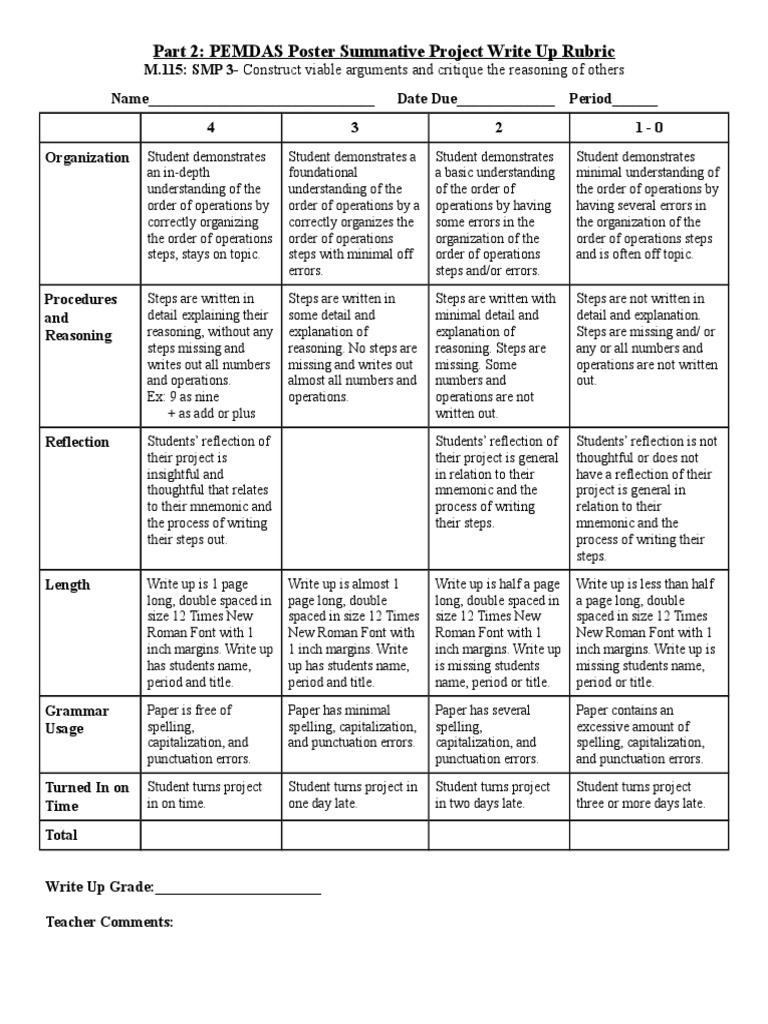 Pemdas Write Up Rubric | PDF | Cognition | Cognitive Science