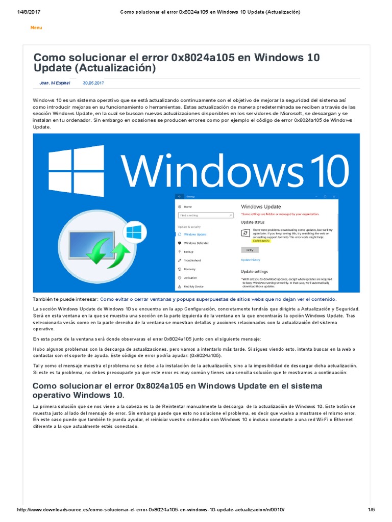 Como Solucionar El Error 0x8024a105 en Windows 10 Update (Actualización) | PDF | Windows 10 ...