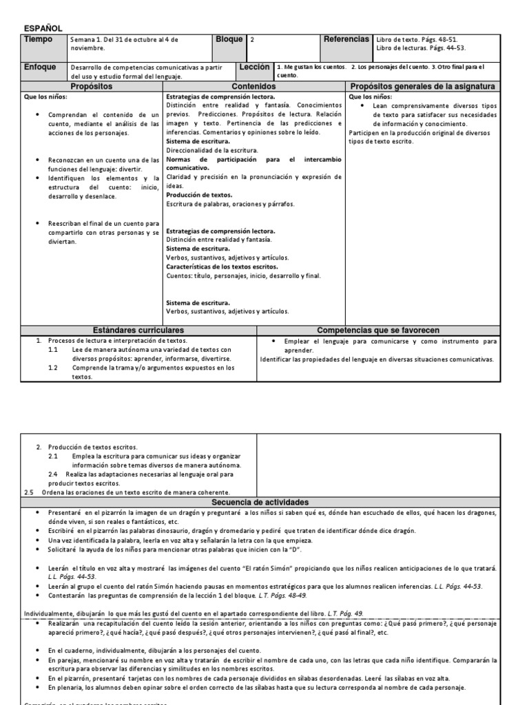 Planeacion Semanal Primer Grado | PDF | Comprensión lectora | Lectura ...