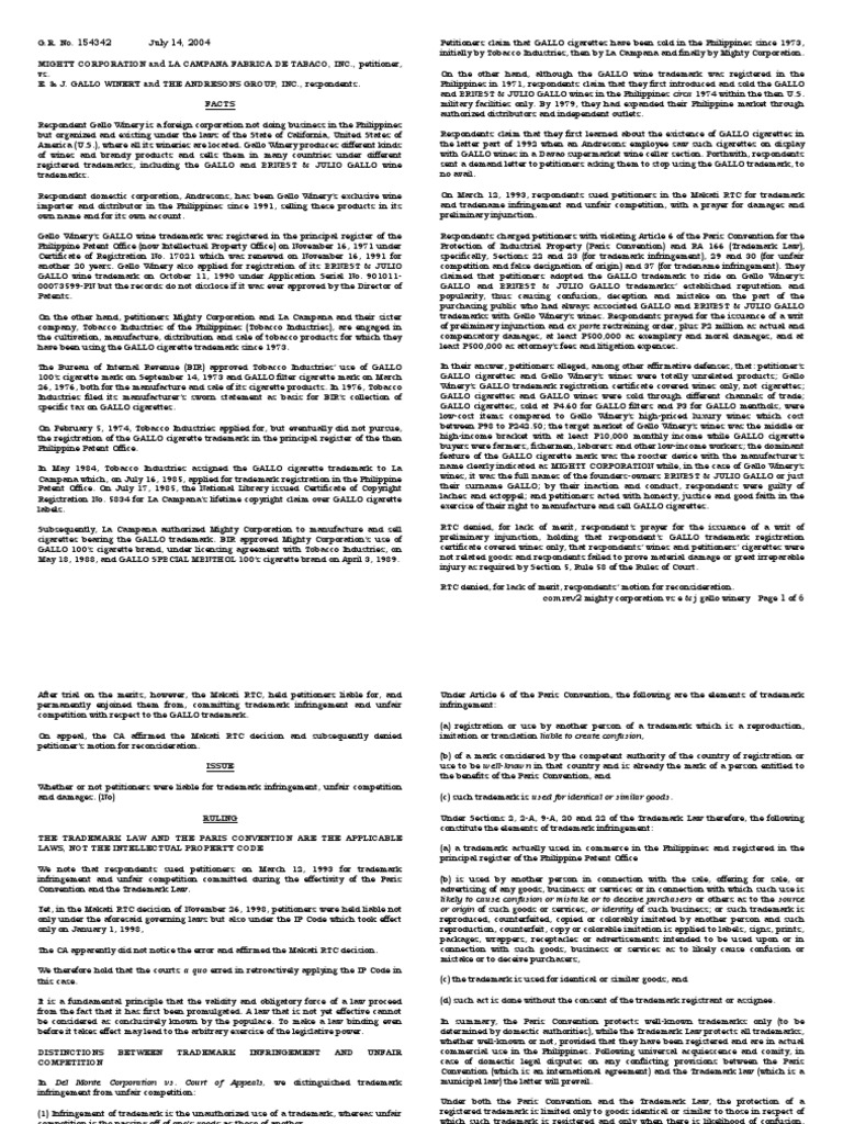 Mighty Corp vs E&J Gallo Trademark Case | PDF | Trademark | Trademark ...