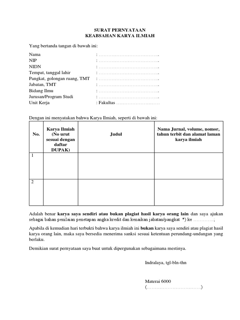 SURAT PERNYATAAN Keabsahan Karya Ilmiah | PDF