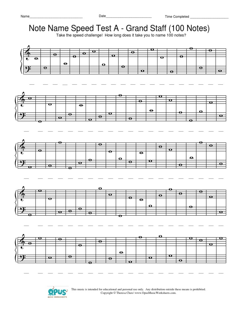 Grand Staff Note Name Speed Test A 100 Notes PDF | PDF