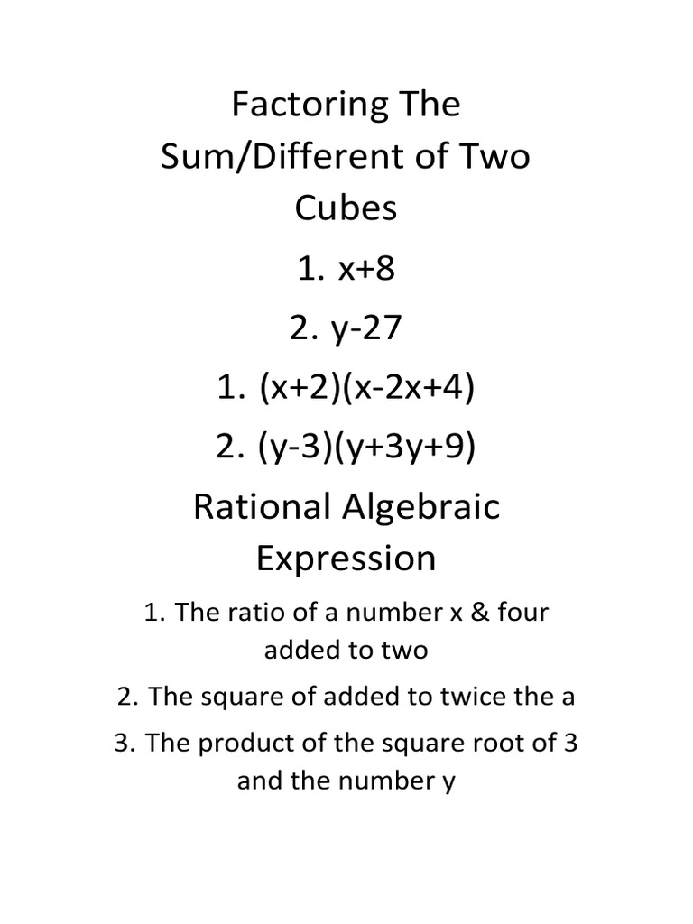 Factoring The Sum/Different of Two Cubes: 1. x+8 2. Y-27 1. (x+2) (x-2x ...