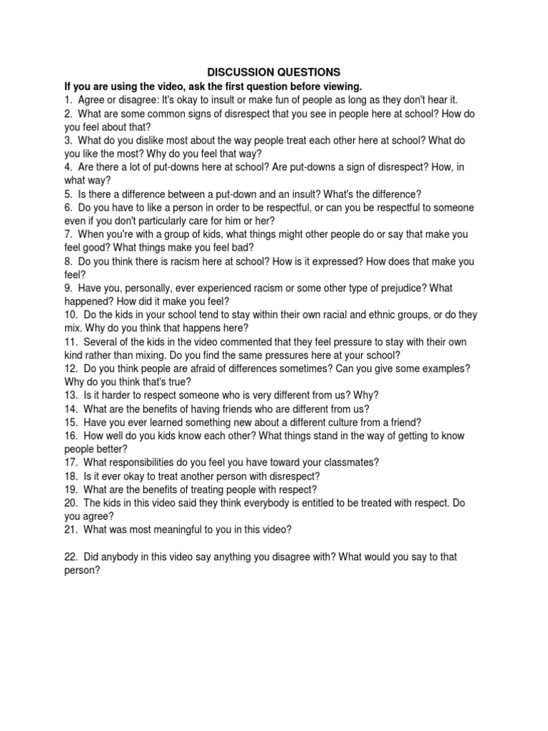 Discussion Questions: If You Are Using The Video, Ask The First ...