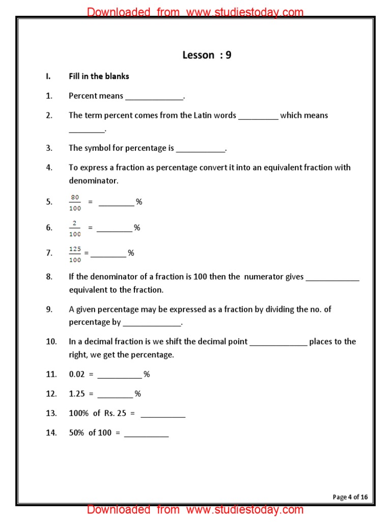 Class 5 Percentage Worksheet with Answers | PDF | Fraction (Mathematics ...
