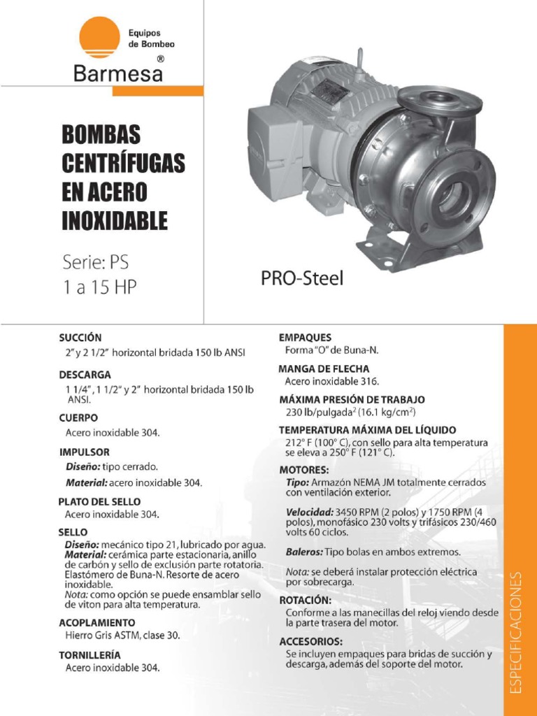 Ficha Tecnica Bomba Centrifuga Barnes Acero Inoxidable PS | PDF