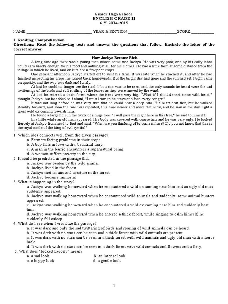 Comprehensive Exam for Grade 11 English | PDF | Paragraph | Fairy Tales