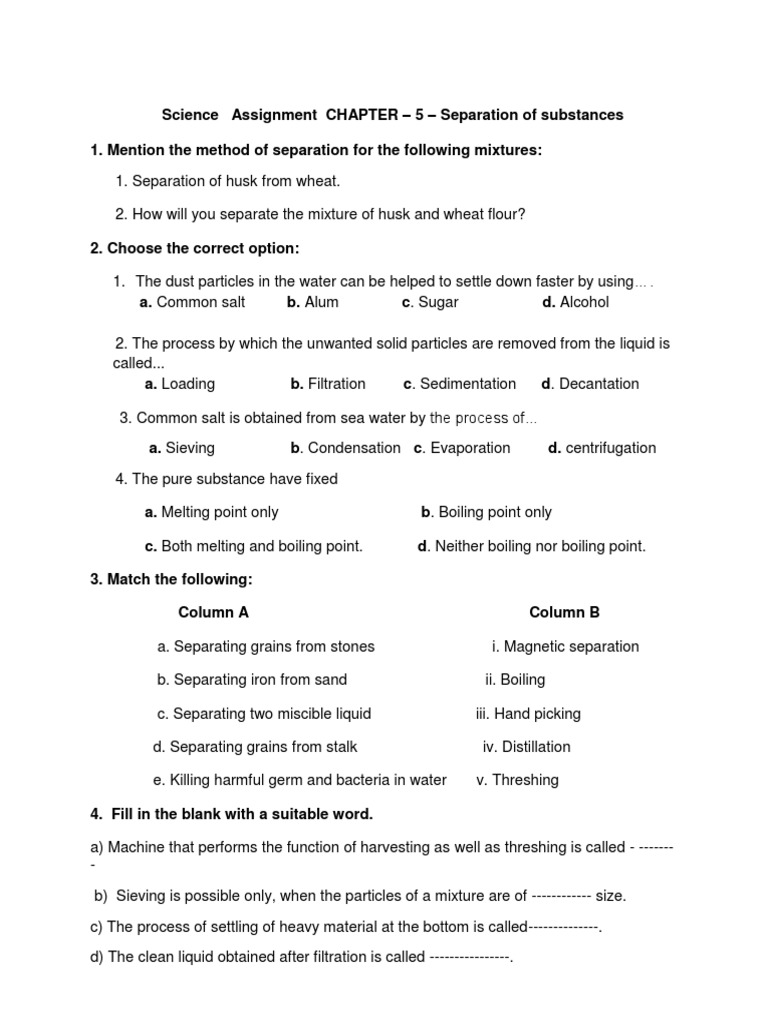 Separation of Substances Assignment Class 5 CBSE | PDF | Filtration | Water