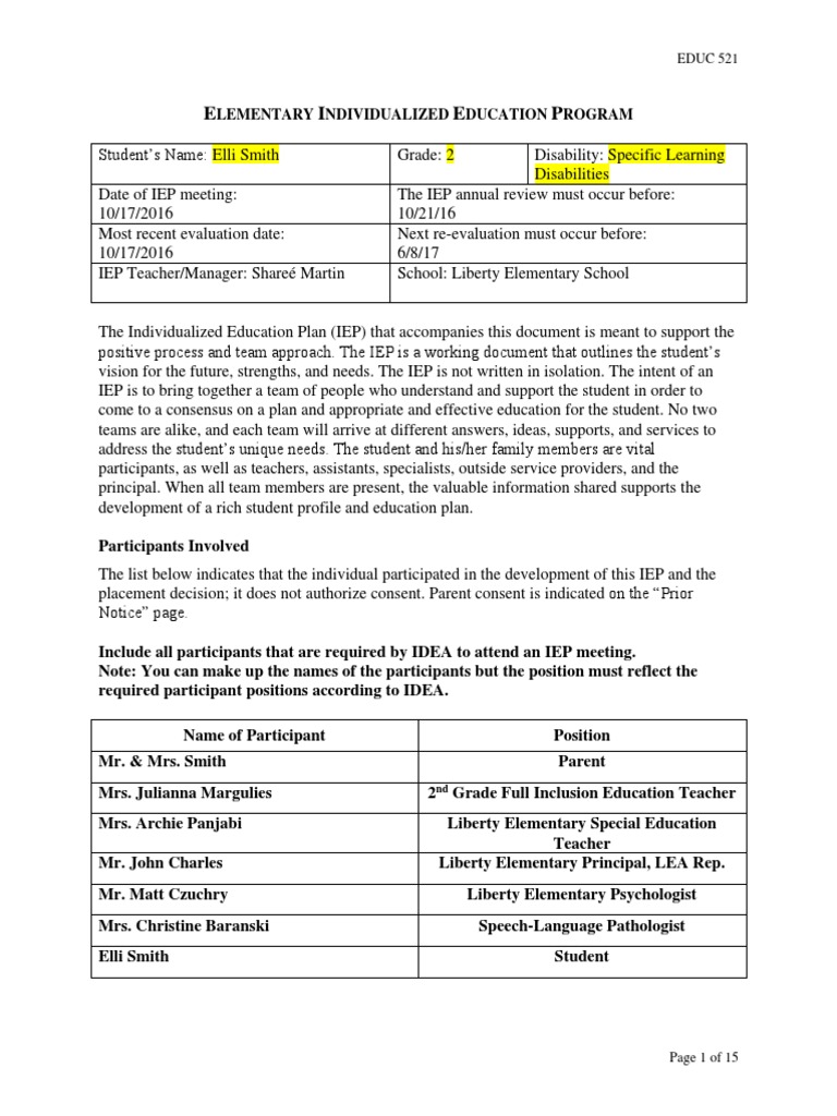 Final Iep Educ 521 | PDF | Individualized Education Program | Special ...