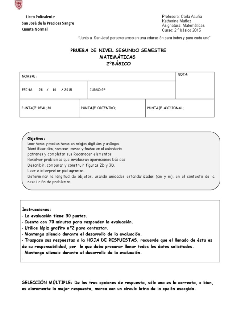PRUEBA DE NIVEL 2° BASICO FINAL | PDF