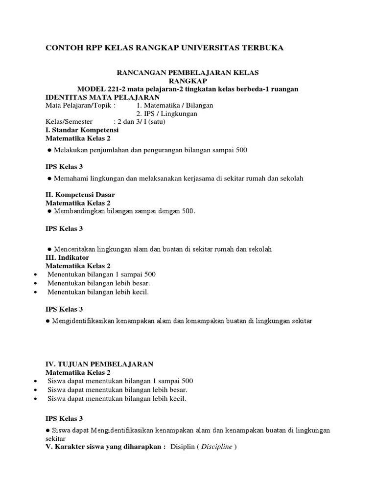Contoh RPP Kelas Rangkap Universitas Terbuka | PDF | Seni & Disiplin ...