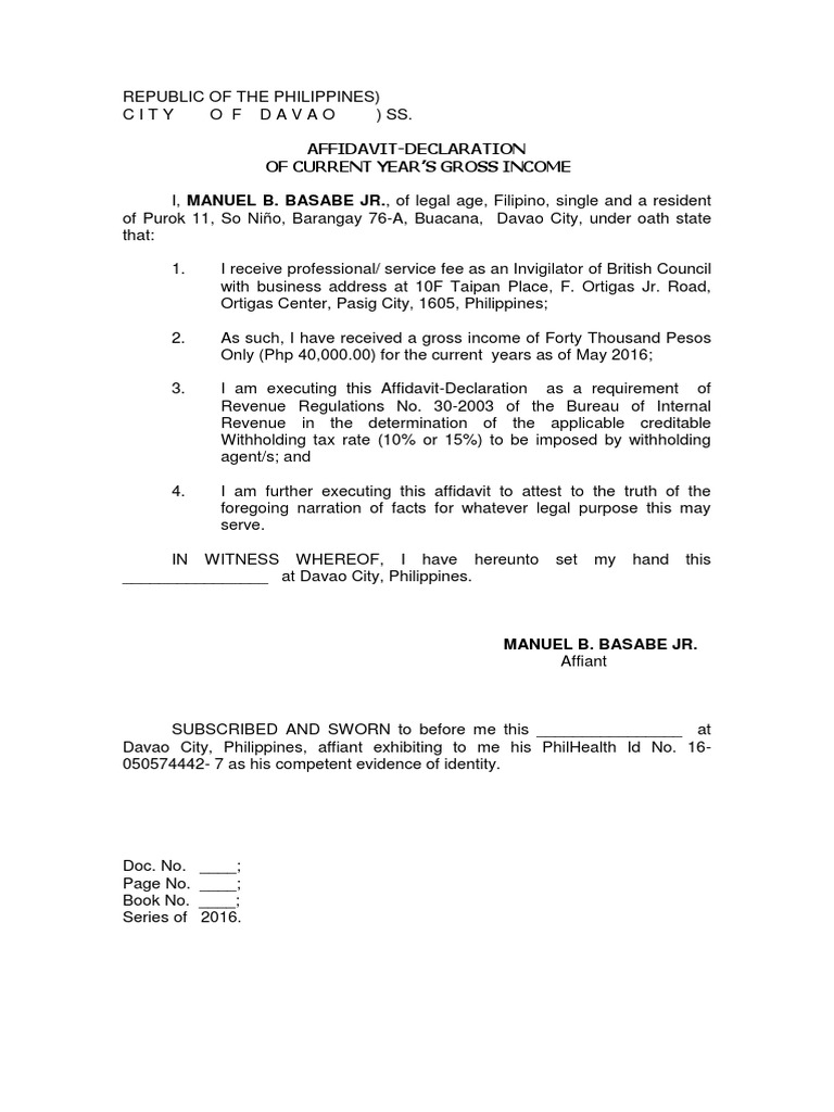 Affidavit of Current Year’s Income | PDF | Affidavit | Public Finance