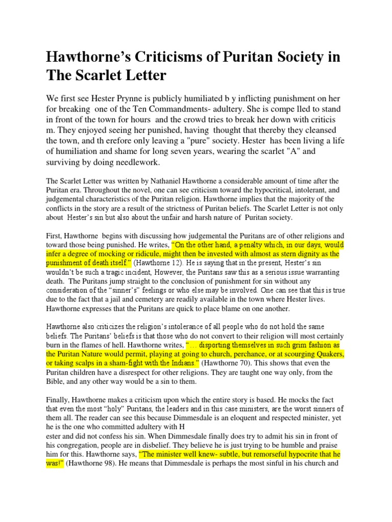 Hawthorne's Criticisms of Puritan Society in The Scarlet Letter | PDF ...