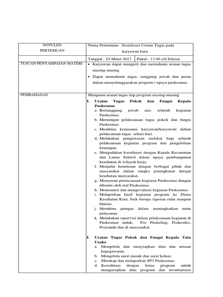 Notulen Rapat Uraian Tugas Pegawai | PDF