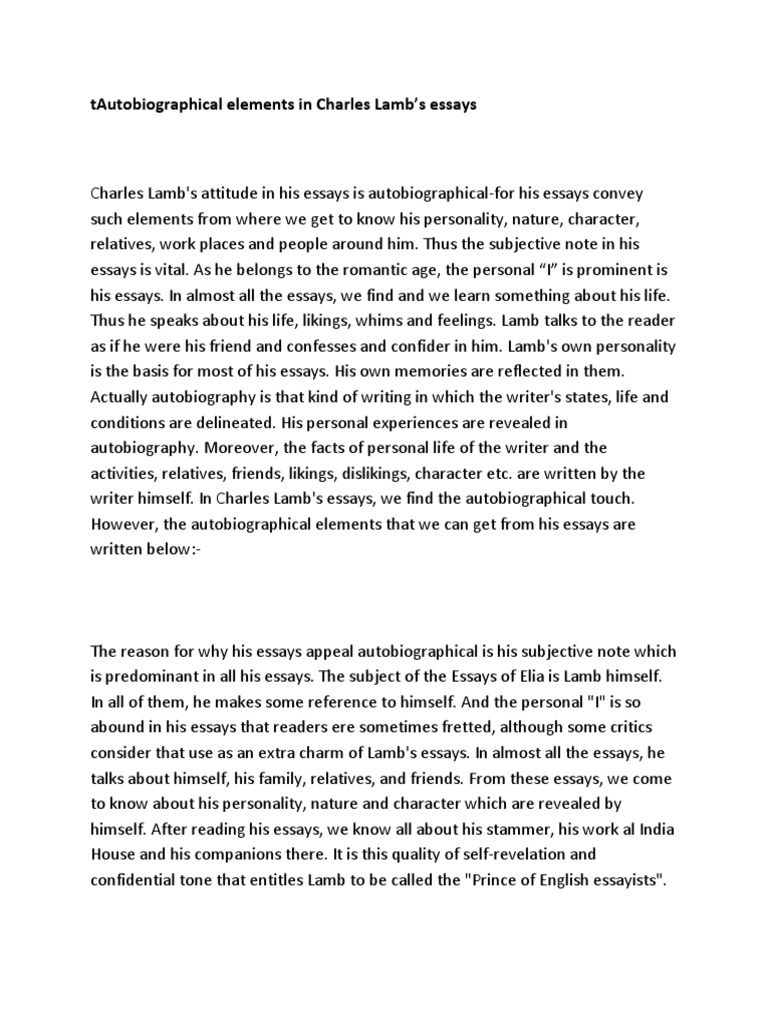 Autobiographical Elements in Lamb's Essays | PDF | Essays | Poetry