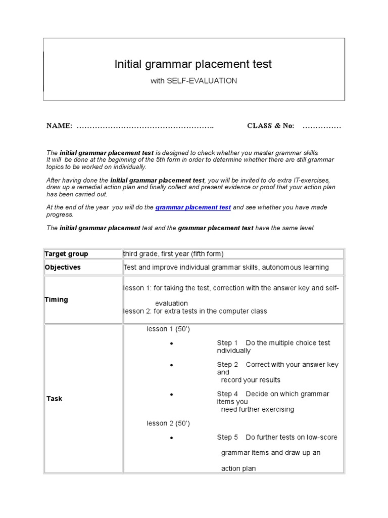 Initial Grammar Placement Test | PDF | Perfect (Grammar) | Grammatical ...