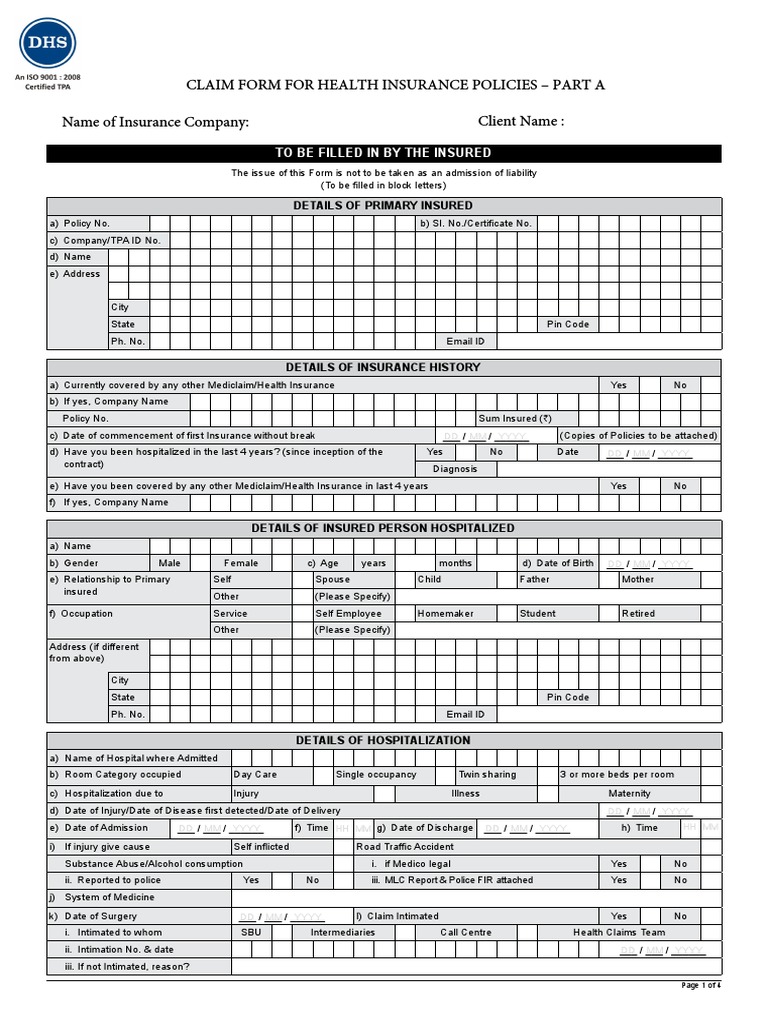 Health Insurance Claim Form - Part A | PDF | Patient | Insurance