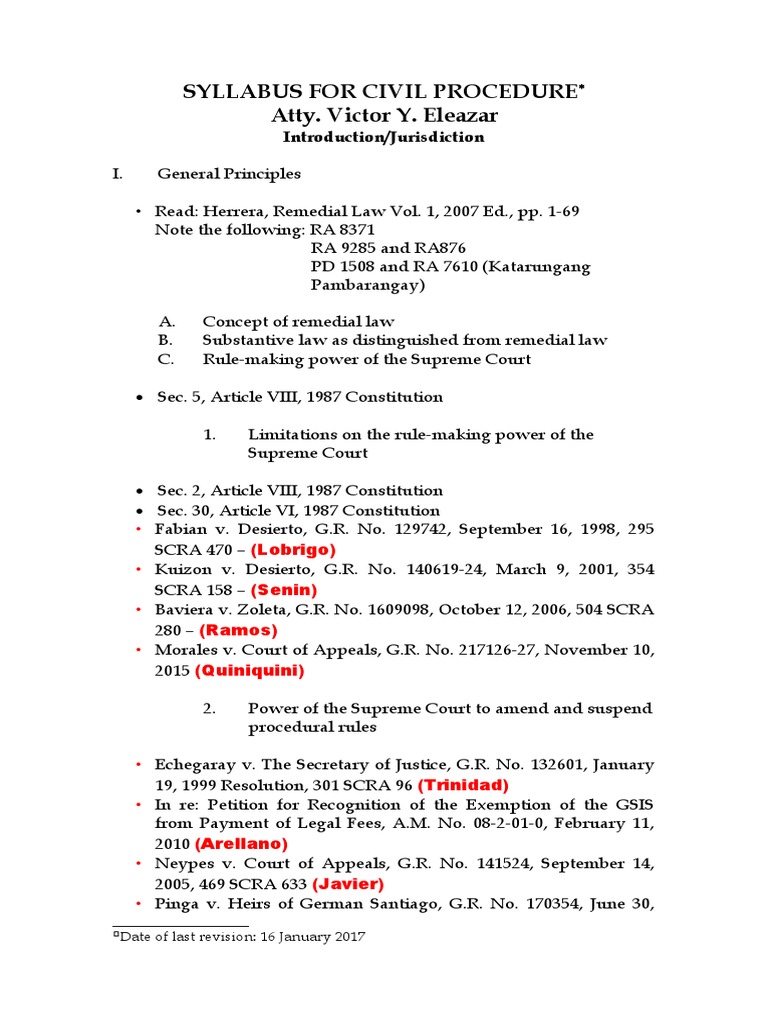 Syllabus in Civil Procedure - Casesassigned | PDF | Jurisdiction ...