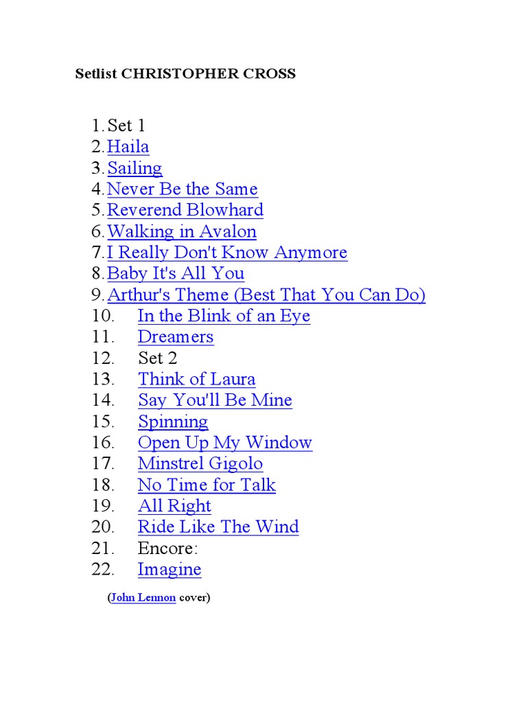 Setlist Christopher Cross | PDF