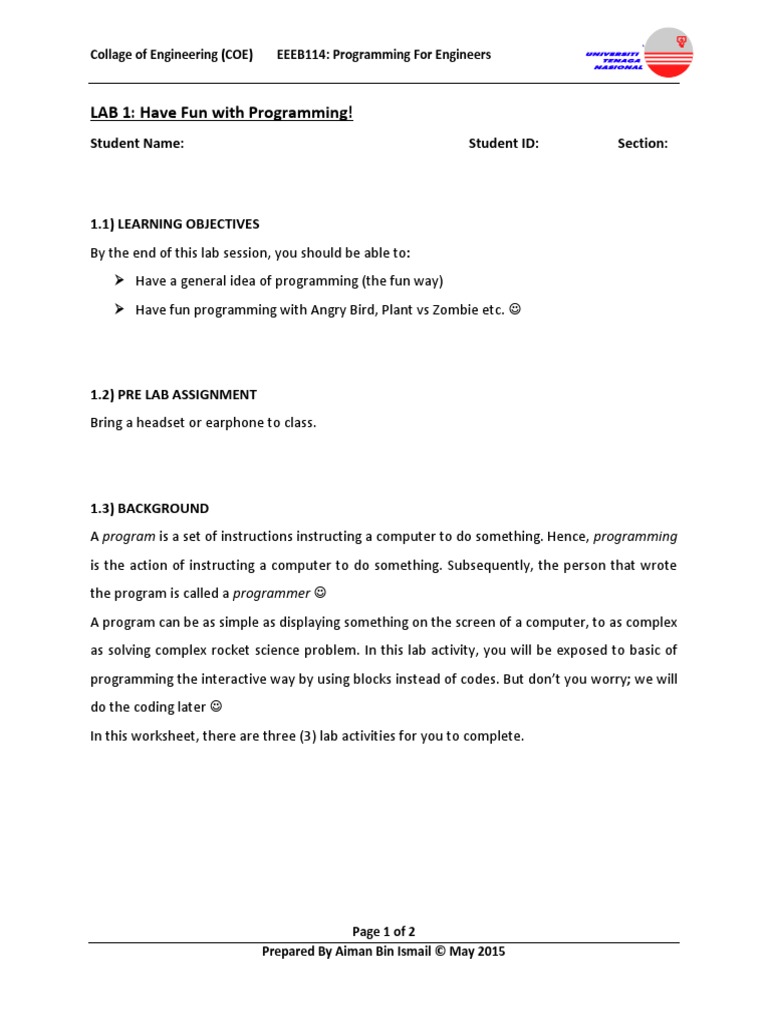 EEEB114 Worksheet 1 v1.0 PDF | PDF | Computing | Computing And Information Technology