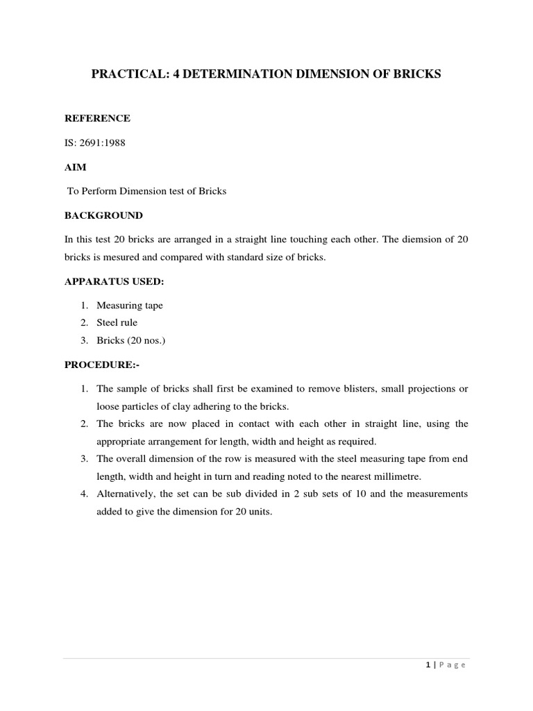 Practical: 4 Determination Dimension of Bricks: Reference | PDF | Brick ...