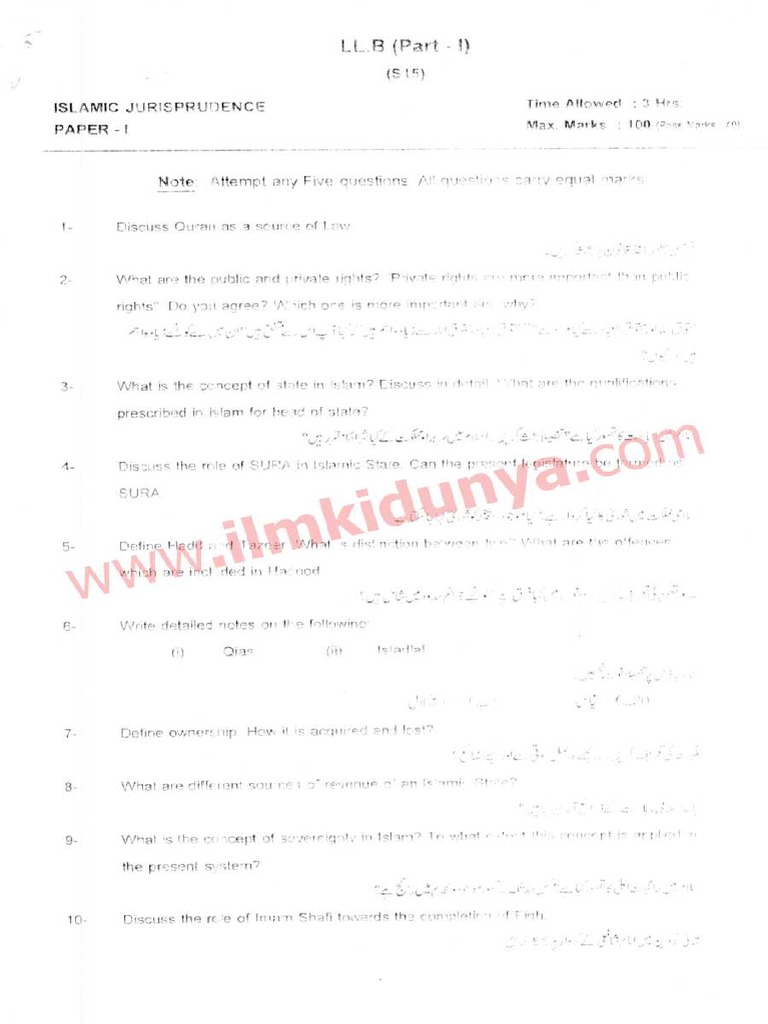 Past Papers 2015 AJK University LLB Part 1 Islamic Jurisprudence | PDF