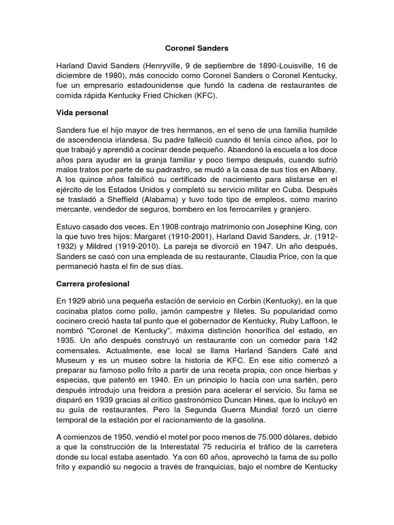Biografía del Coronel Sanders, fundador de KFC | PDF | Comida rápida ...