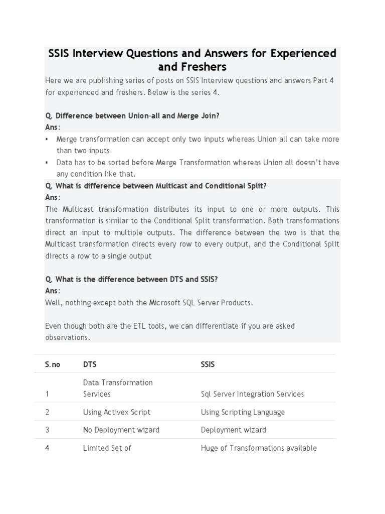 SSIS Interview Questions and Answers For Experienced and Freshers | PDF | Microsoft Sql Server ...