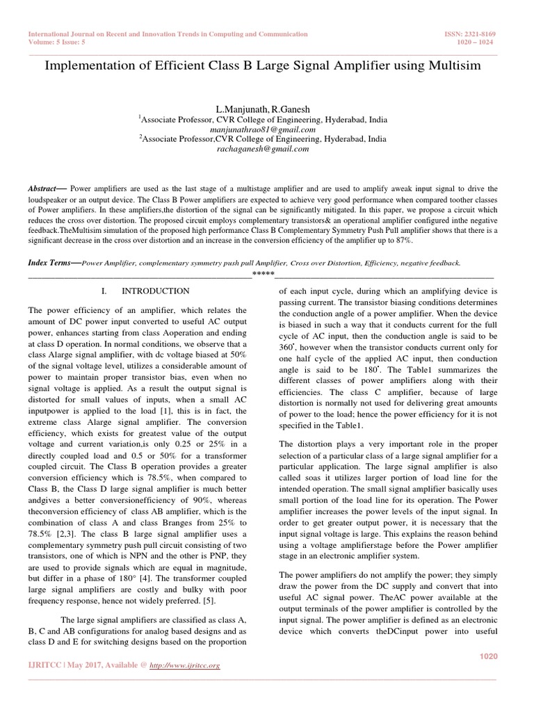 Implementation of Efficient Class B Large Signal Amplifier Using ...