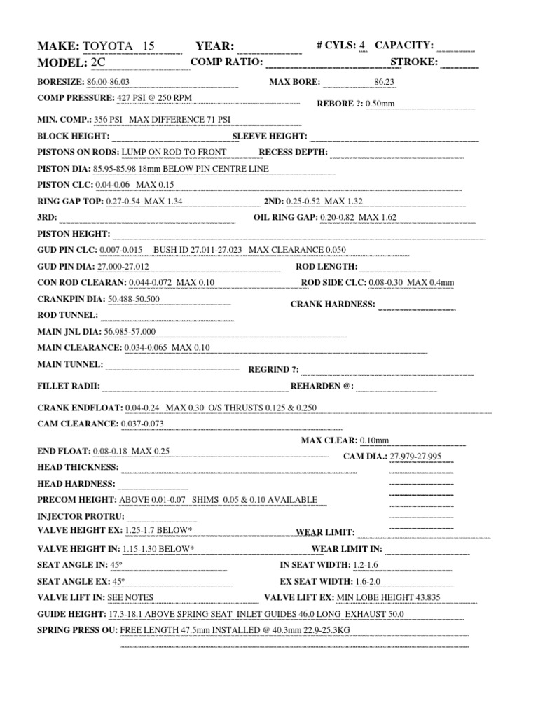 Toyota 2c Pares de Apriete PDF | PDF | Piston | Internal Combustion Engine