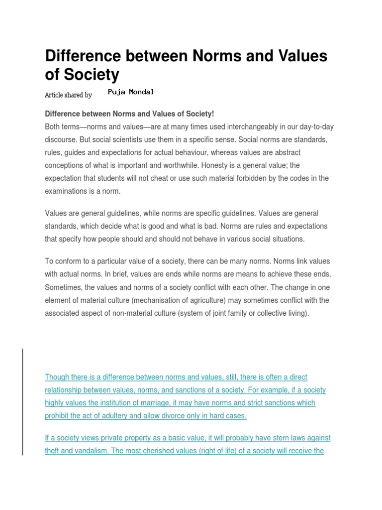 Difference Between Norms and Values of Society | PDF