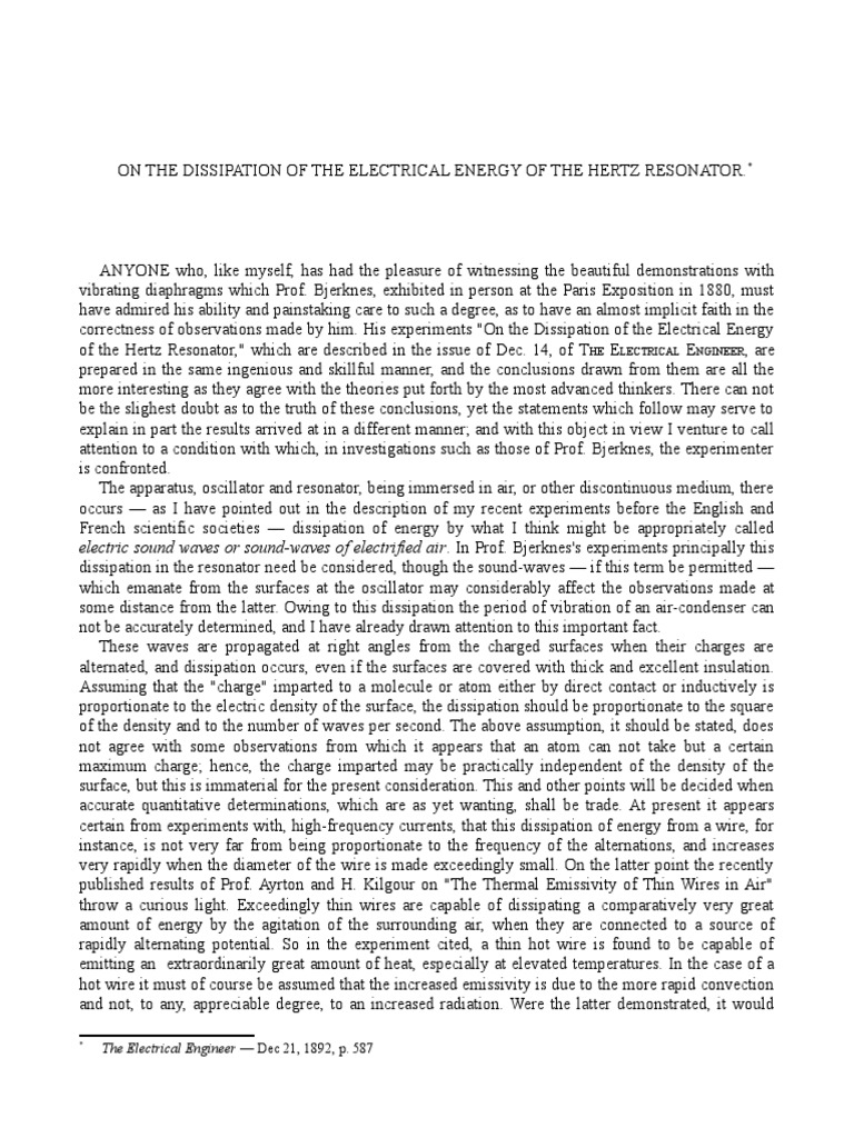 Nikola Tesla: On The Dissipation of The Electrical Energy of The Hertz ...