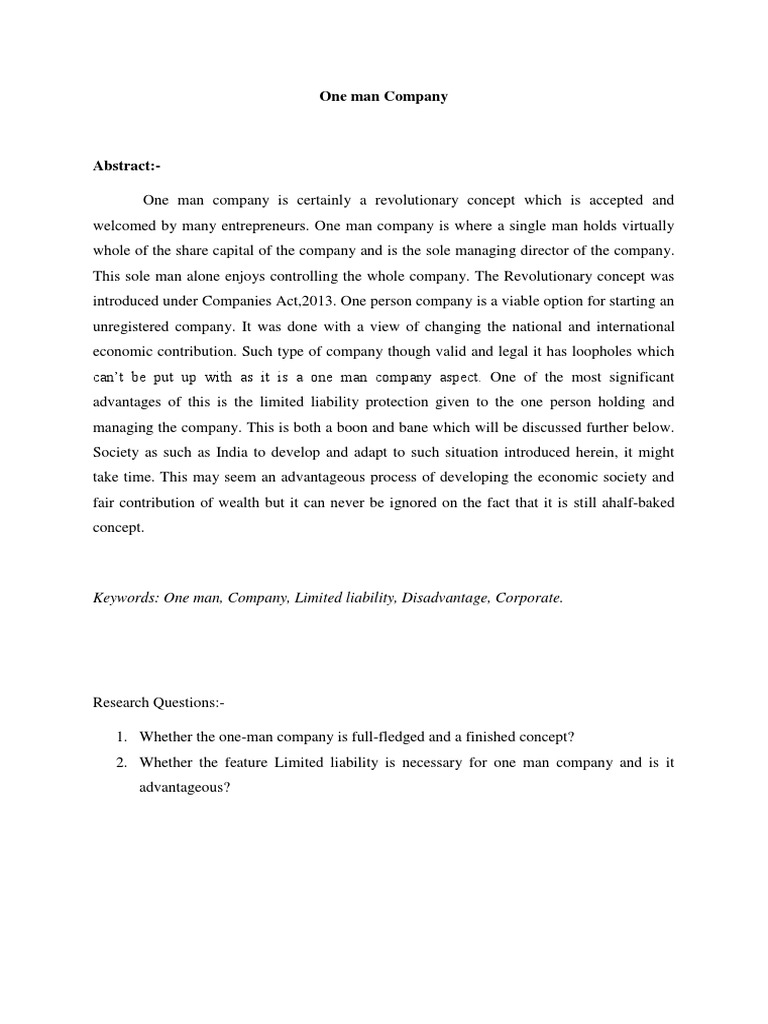 One Man Company | PDF | Sole Proprietorship | Legal Personality
