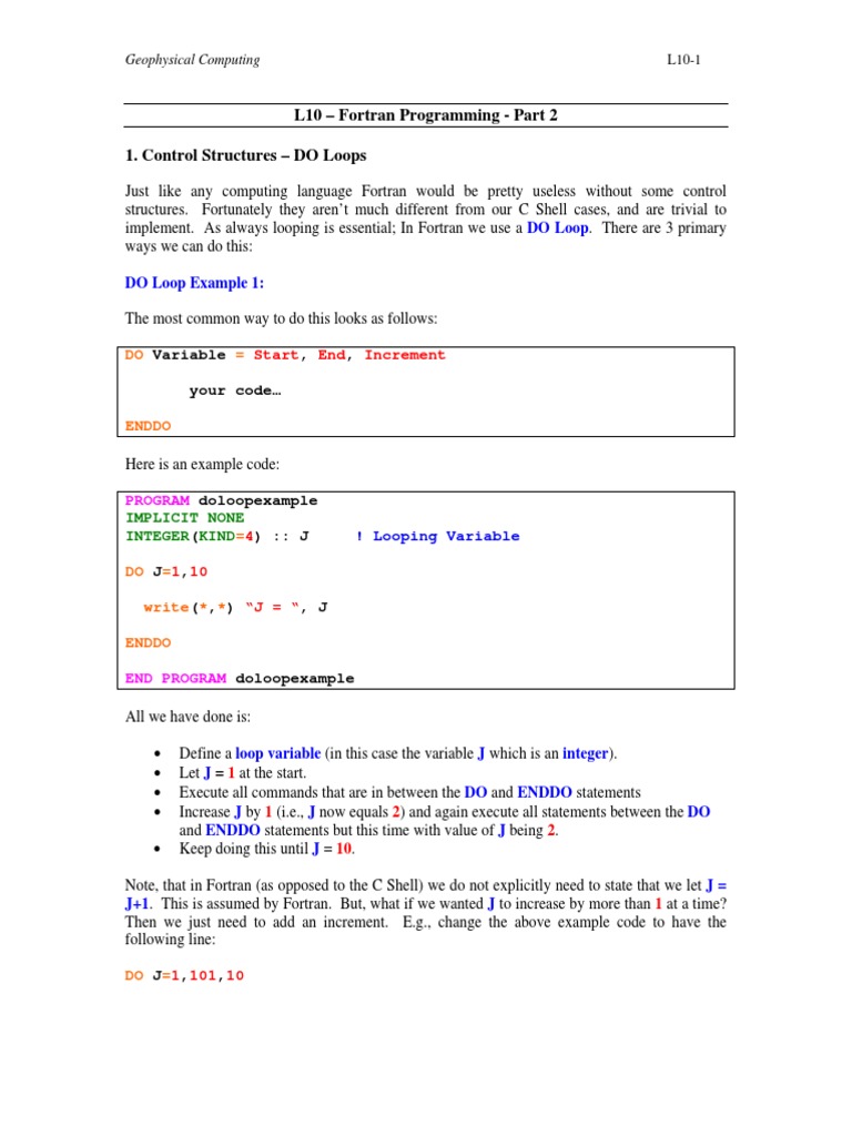 L10 Fortran Programming Part 2 1 Control Structures Do Loops Pdf Control Flow