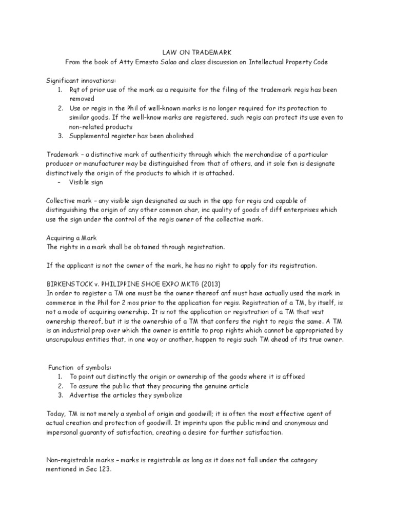 Notes On The Law of Trademark | PDF | Trademark Dilution | Trademark ...