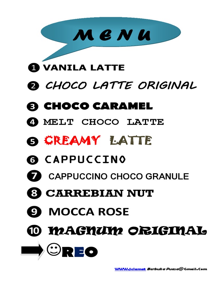 Coffee and Latte Menu Selections | PDF