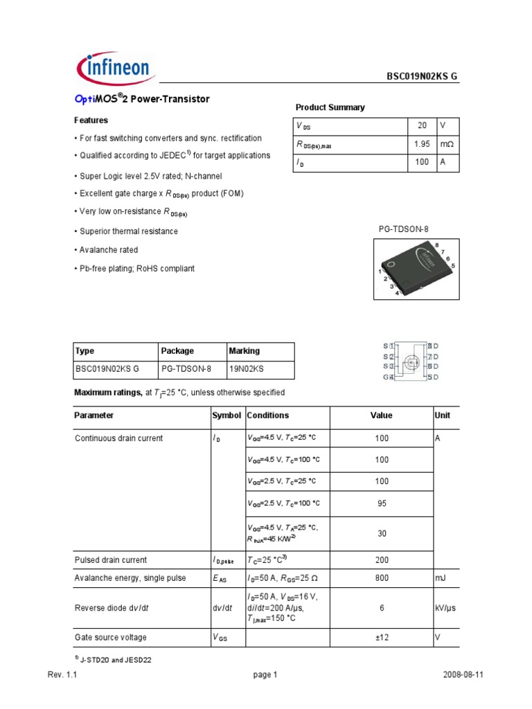 bsc019n02ksg Infineon | PDF | Field Effect Transistor | Diode