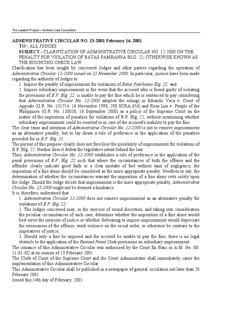 ADMINISTRATIVE CIRCULAR NO. 13-2001 February 14, 2001 To: All Judges ...