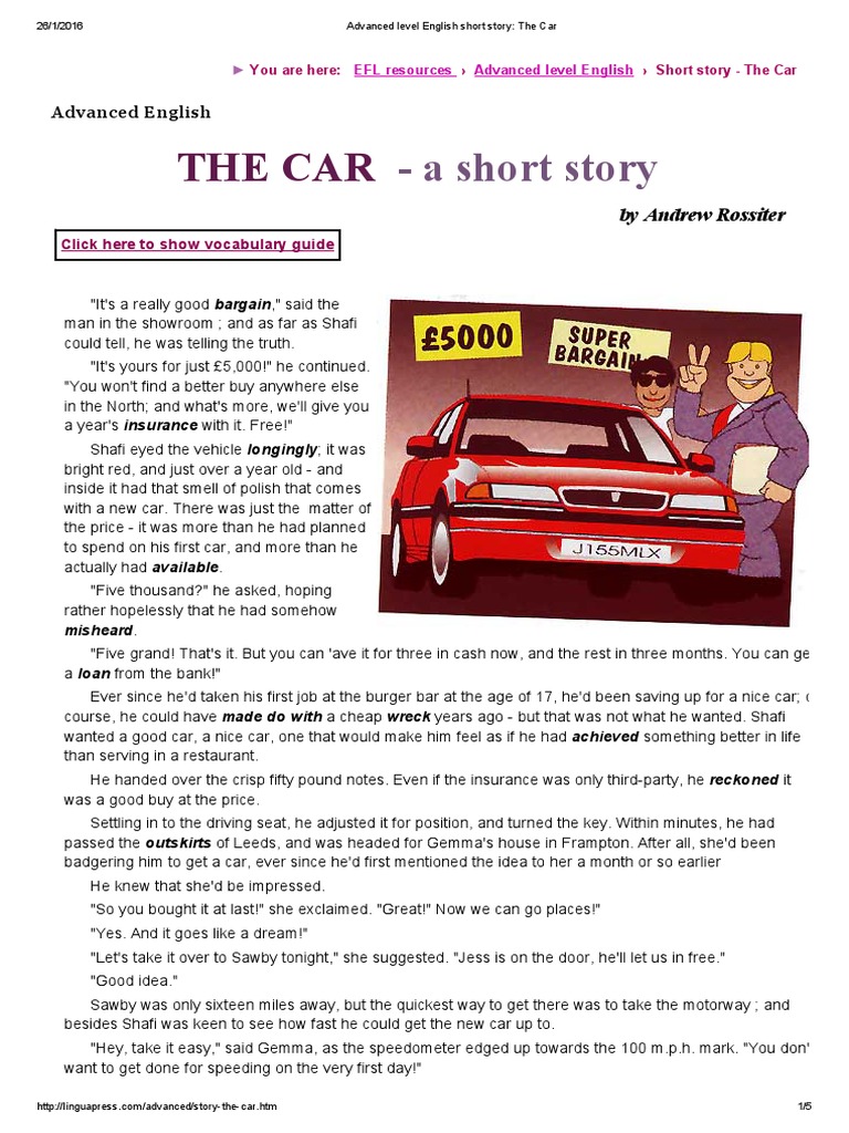 Advanced Level English Short Story - The Car | PDF | Narration