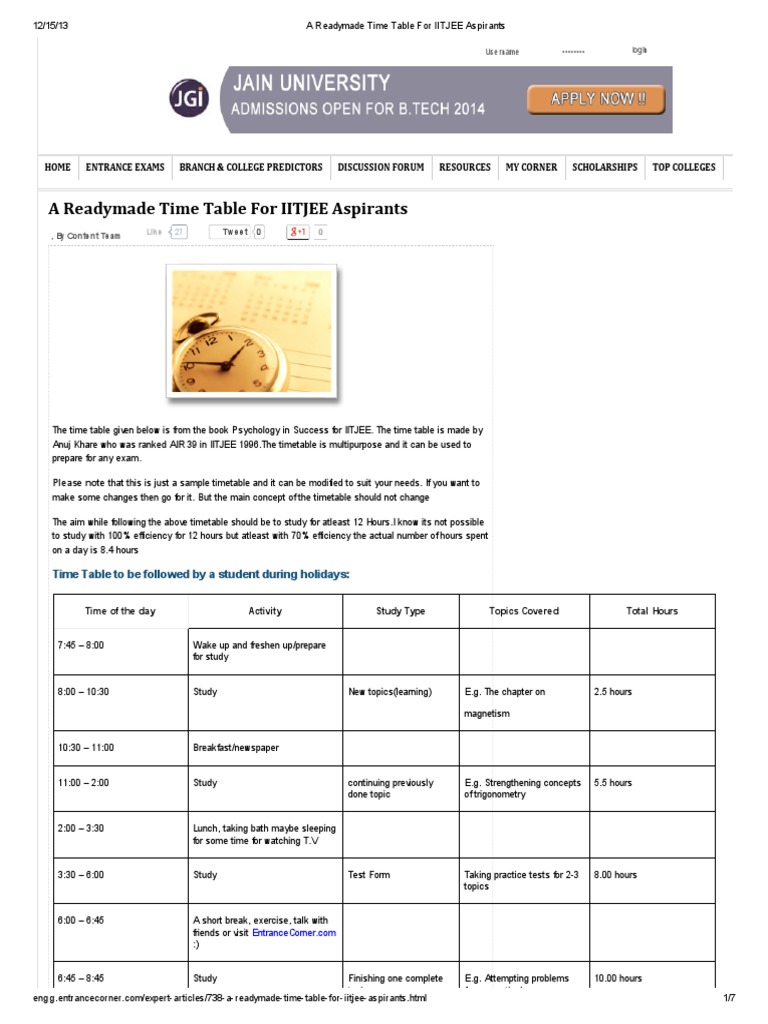 A Readymade Time Table For IITJEE Aspirants | PDF | Academia | Tests