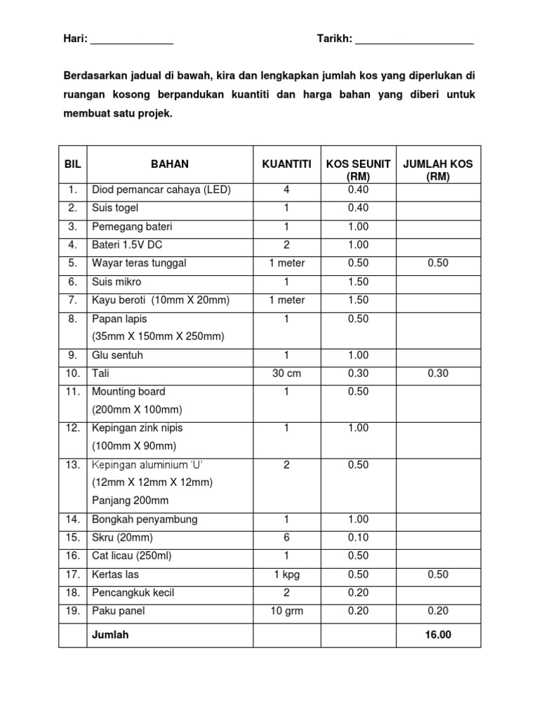 Latihan RBT Tahun 5 - Pengiraan Kos Bahan Projek | PDF