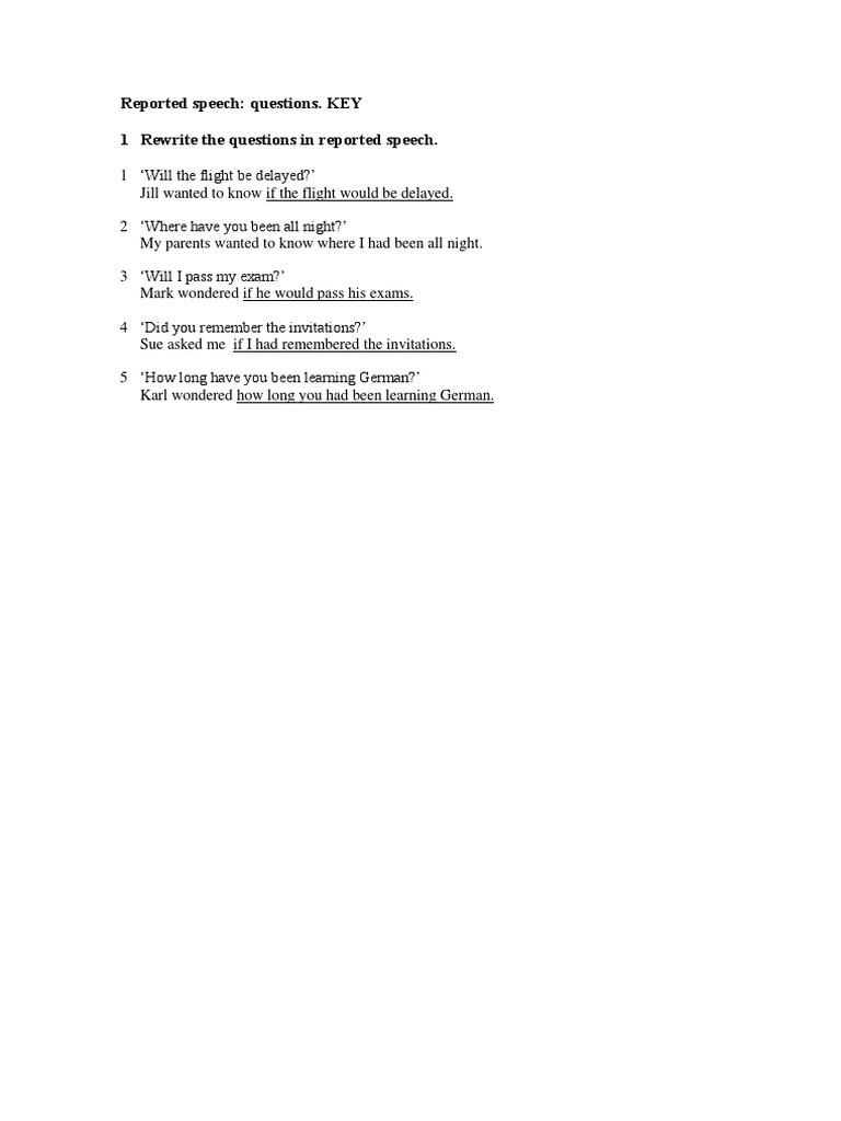 Reported Speech. Questions. KEY | PDF