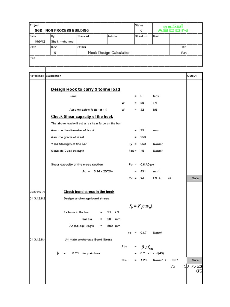 Hook Design Check Calc Sheet SGD | PDF | Structural Steel | Screw
