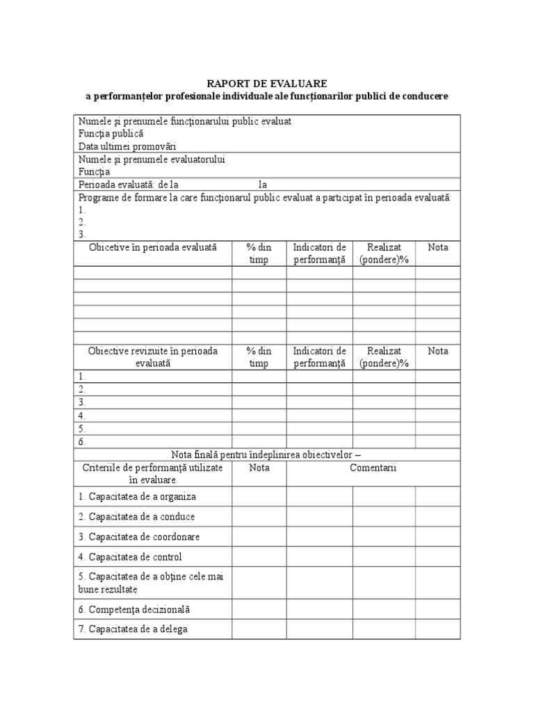 MODEL RAPORT DE EVALUARE FUNCTIONARI CONDUCERE, CLASA I, II SI III.doc
