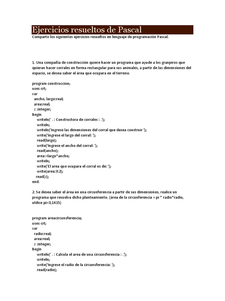 Ejercicios Resueltos de Pascal | PDF | Tipo de datos | Lenguaje de ...